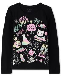Girls Long Sleeve Glitter 'Girl Genius' Graphic Tee