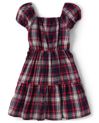 Girls Short Sleeve Plaid Twill Woven Tiered Dress | The Children's ...