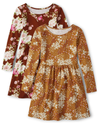 Girls Mix And Match Long Sleve Floral Print Knit Everyday Dress 2-Pack ...