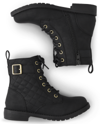 Girls Quilted Buckle Faux Leather Lace-Up Boots - BLACK | The Children ...