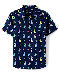 Boys Short Sleeve Bunny Print Poplin Button Up Shirt - BLUE | The ...