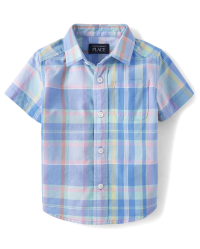 Baby And Toddler Boys Short Sleeve Plaid Poplin Button Up Shirt - BLUE ...