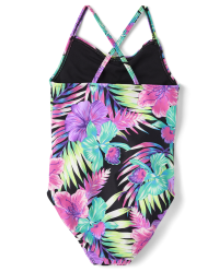 Girls Sleeveless Tropical Print Cross Back One Piece Swimsuit - BLACK ...