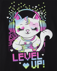 Girls Short Sleeve Level Up Cat Graphic Tee - BLACK | The Children's Place