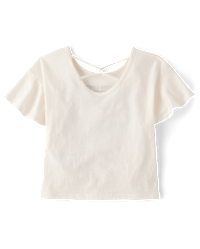 Girls Short Flutter Sleeve Flip Sequin Graphic Cross Back Top - WHITE ...