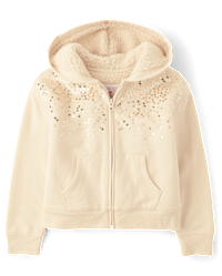 Girls Active Long Sleeve Sequin Fleece Sherpa Lined Zip Up Hoodie - TAN ...