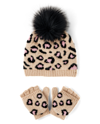 Girls Intarsia Leopard 2-Piece Cold Weather Set - TAN | The Children's ...