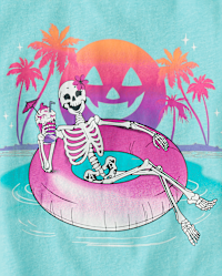 Girls Short Sleeve Summerween Skeleton Pool Float Graphic Tee - BLUE ...