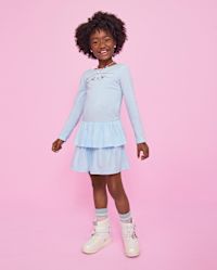 Girls Long Sleeve Hello Kitty Rhinestone Tiered Drop Waist Dress - BLUE ...