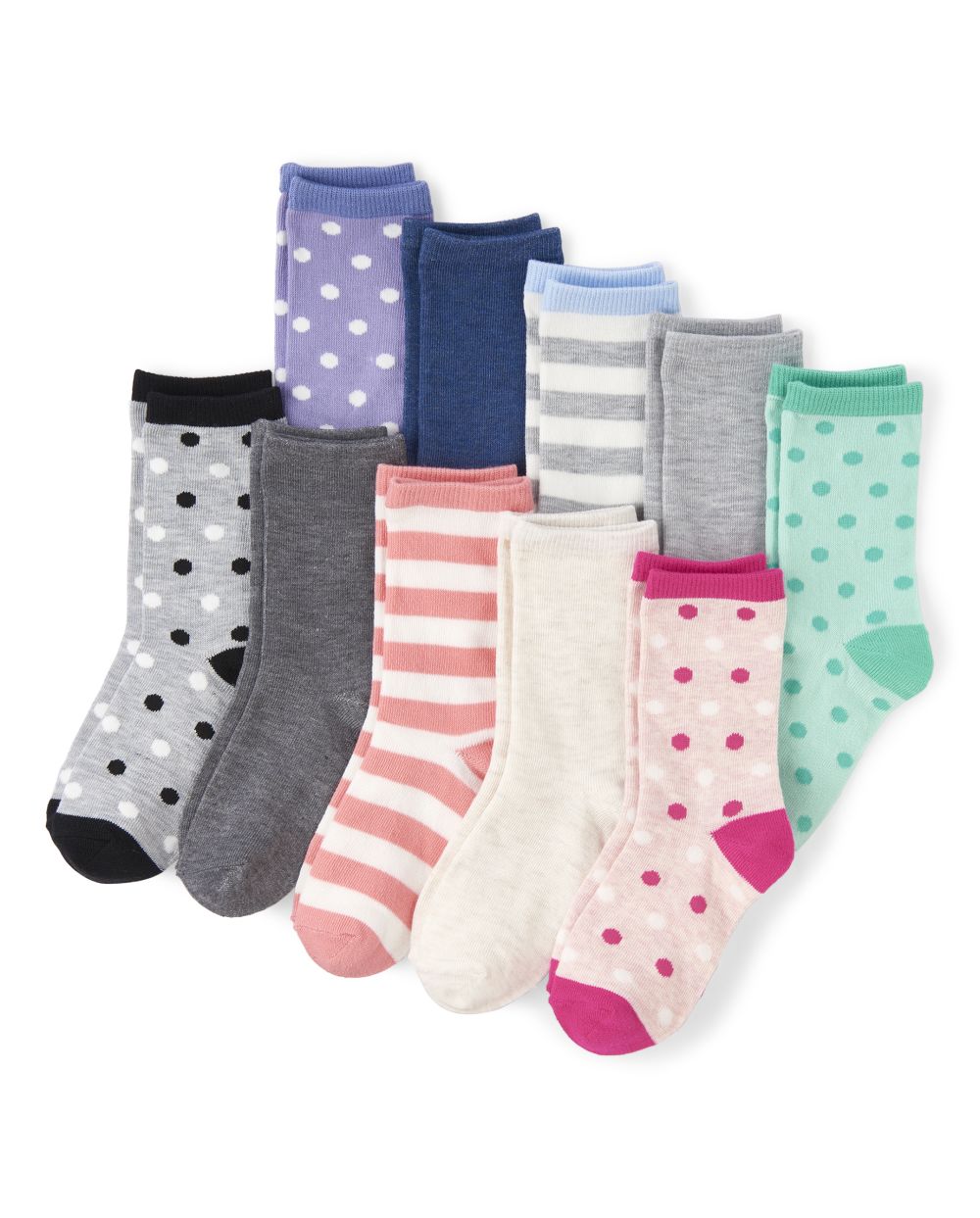 Girls Print and Solid Crew Socks 10-Pack