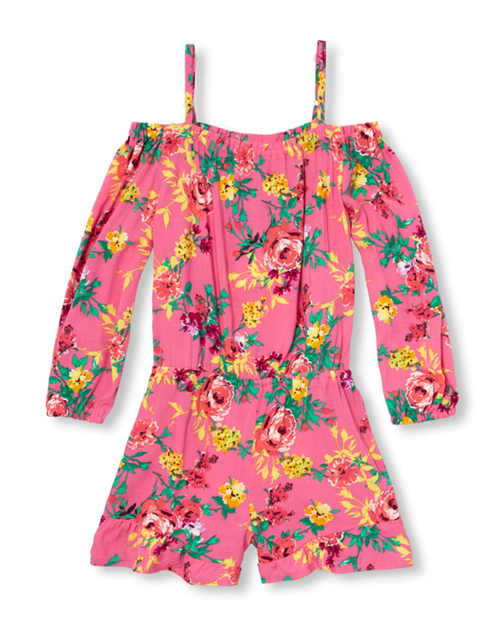 Girls Long Sleeve Floral Print Woven Off Shoulder Romper