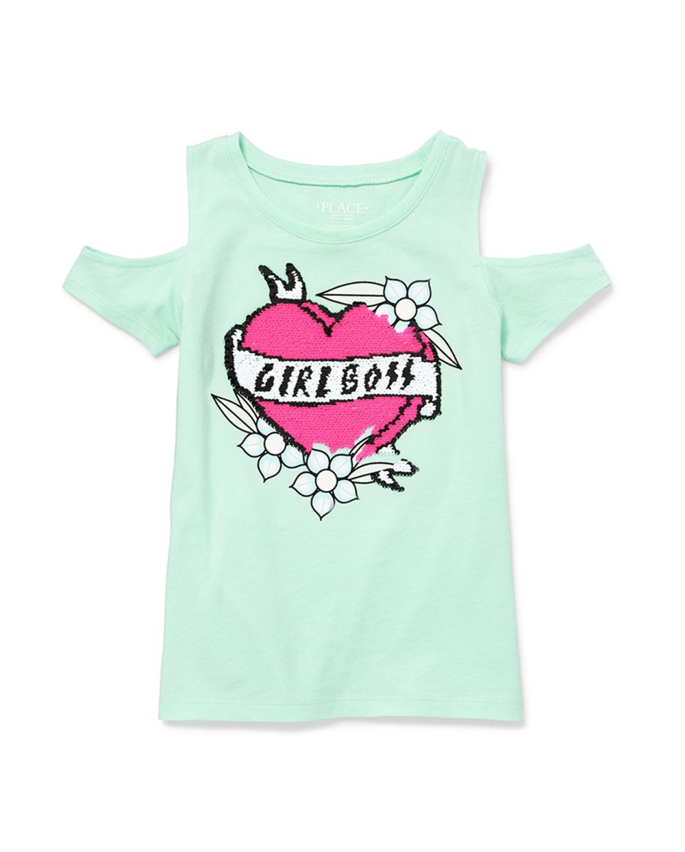 Girls Short Sleeve Flip Sequin Graphic Cold Shoulder Top