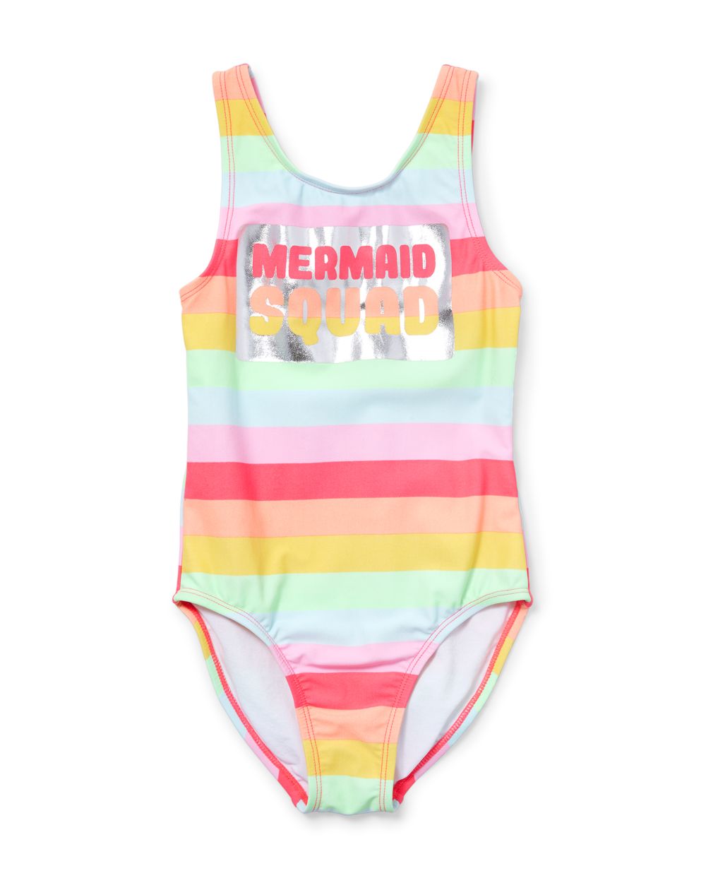 Girls Foil 'Mermaid Squad' Rainbow Striped One Piece Swimsuit