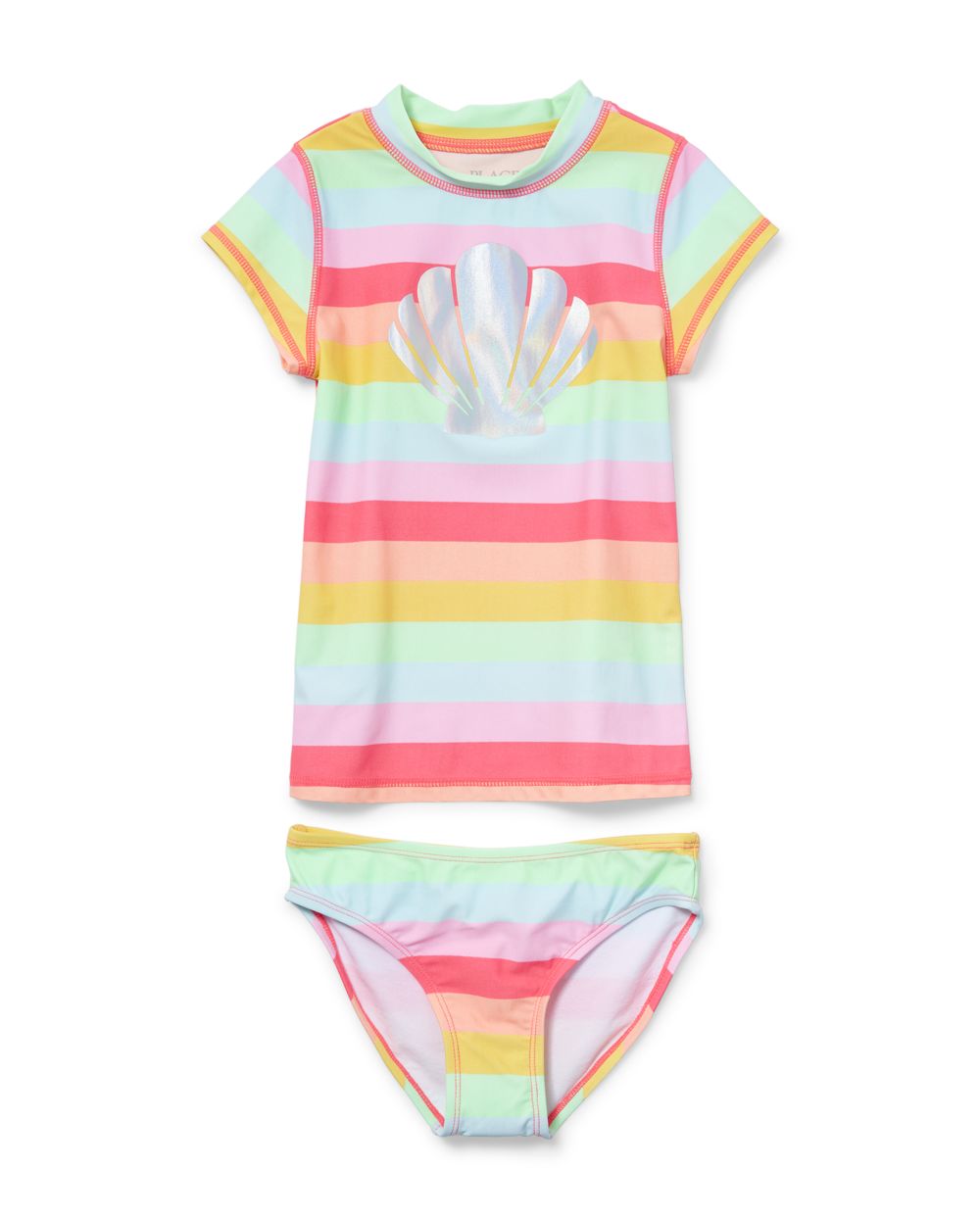 Girls Short Sleeve Foil Sea Shell Rainbow Striped Rashguard Swimsuit