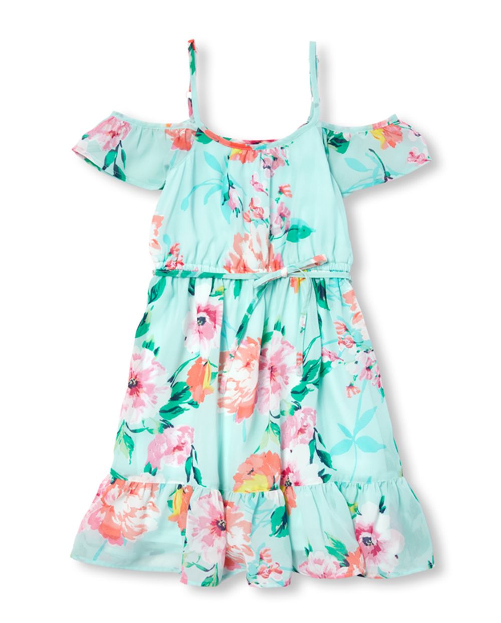 Girls Short Sleeve Floral Print Woven Off Shoulder Dress