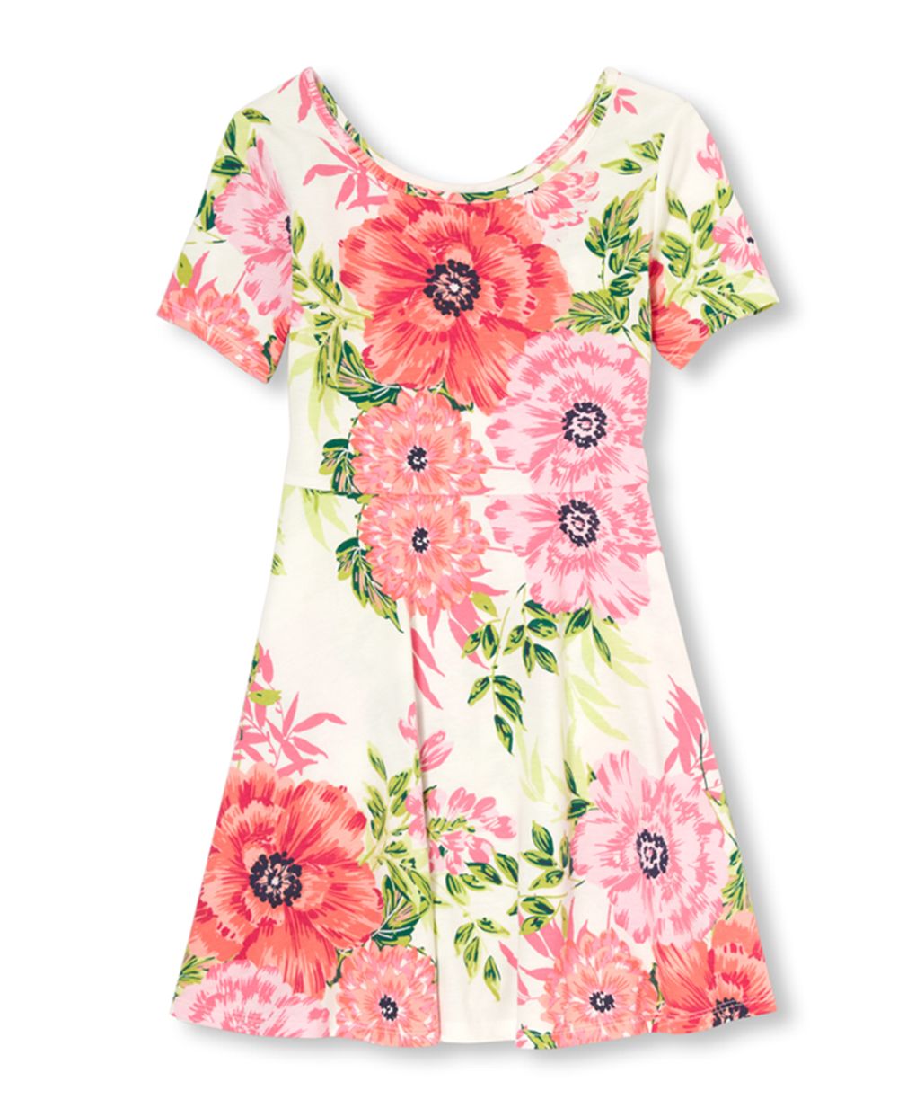 Girls Short Sleeve Floral Print Knit Skater Dress