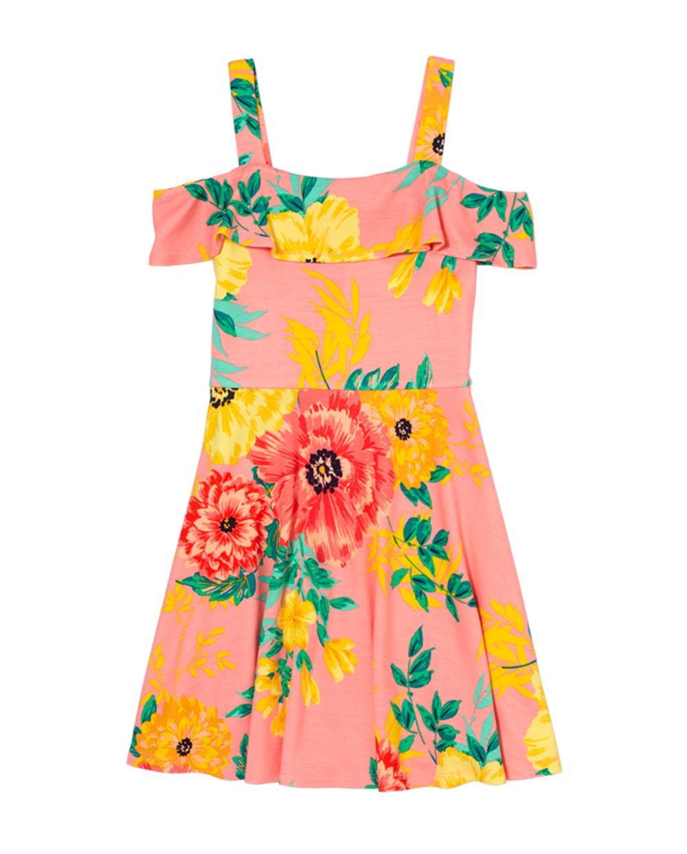 Girls Short Sleeve Floral Print Knit Off Shoulder Dress