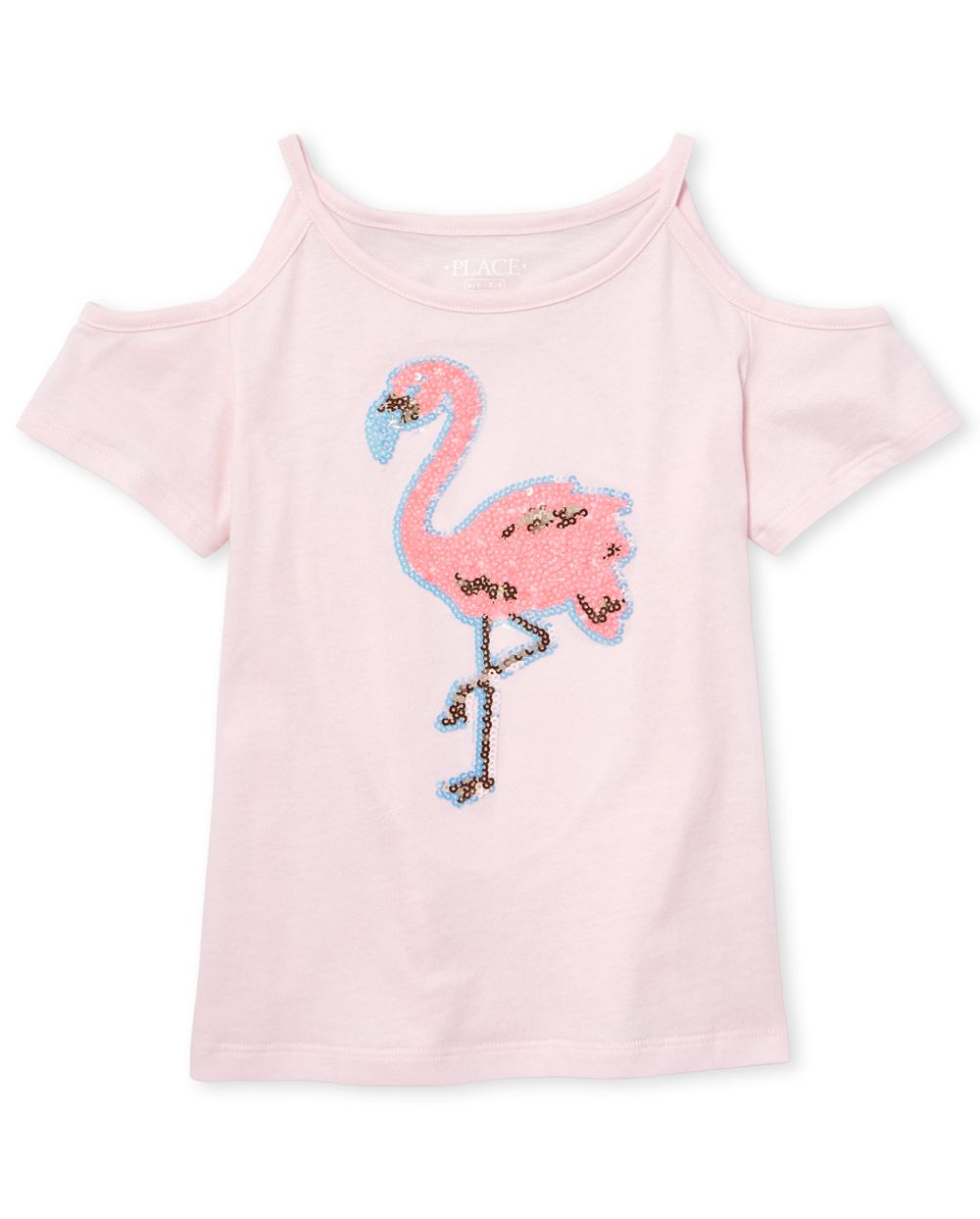 Girls Short Sleeve Sequin Graphic Cold Shoulder Top