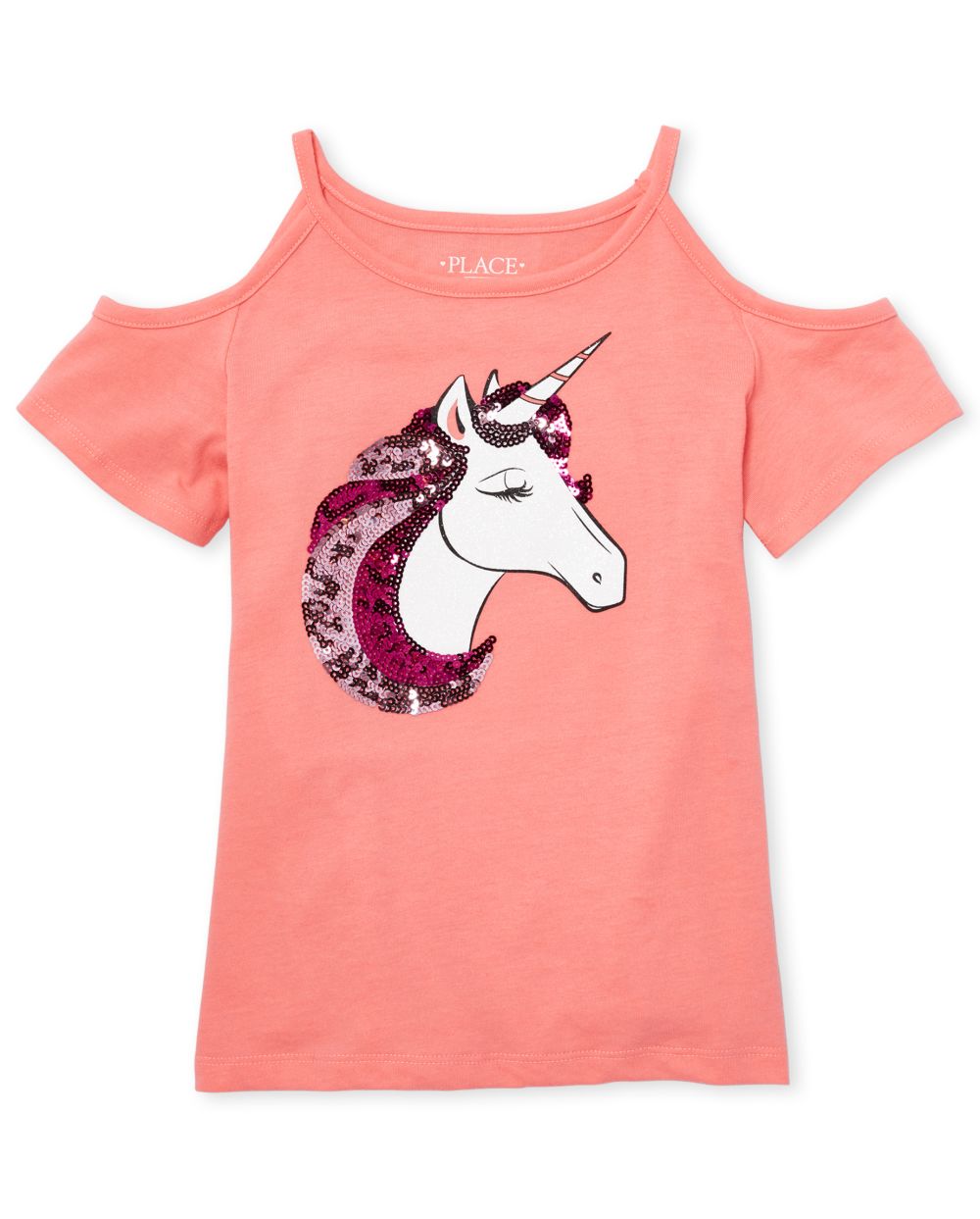 Girls Short Sleeve Sequin Graphic Cold Shoulder Top