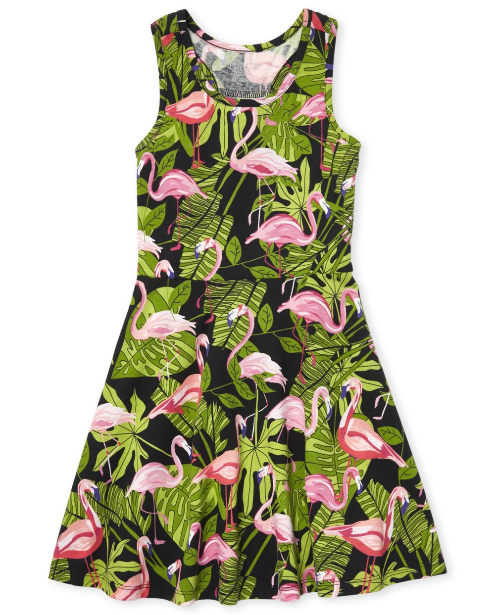 Girls Sleeveless Flamingo Print Knit Racerback Dress