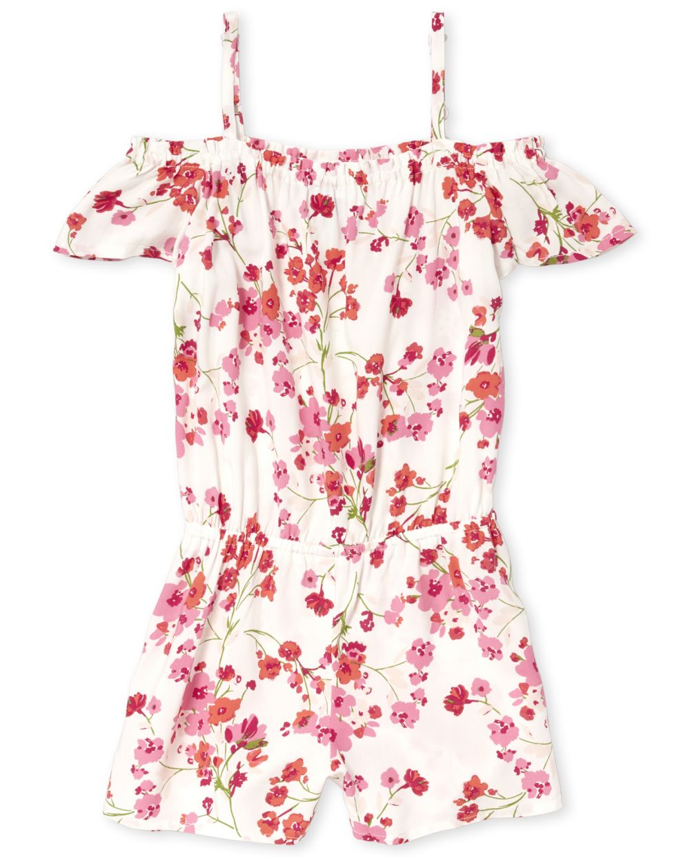 Girls Short Sleeve Floral Print Woven Off Shoulder Romper