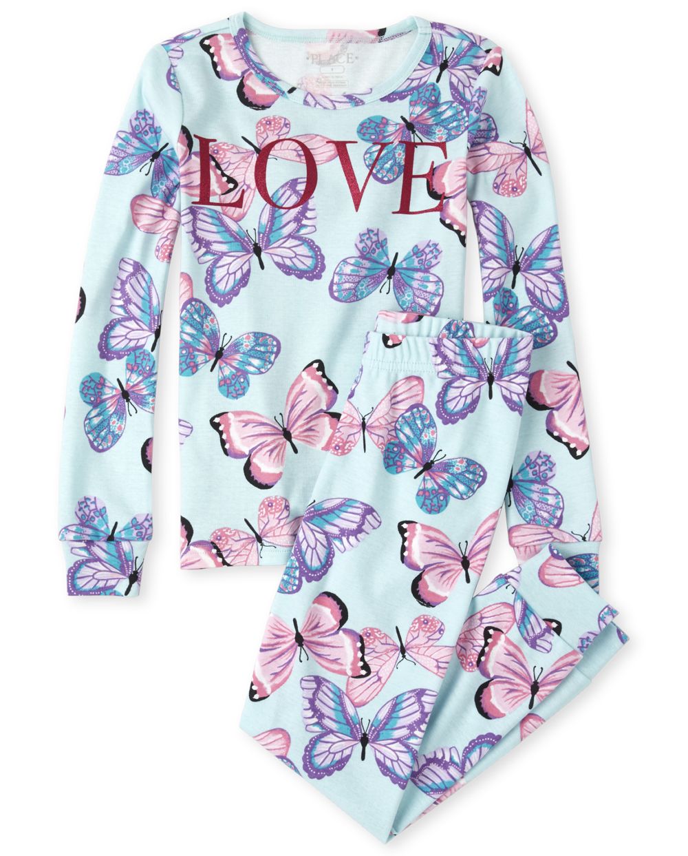 Girls Long Sleeve Glitter 'Love' Butterfly Print Snug Fit Cotton Pajamas