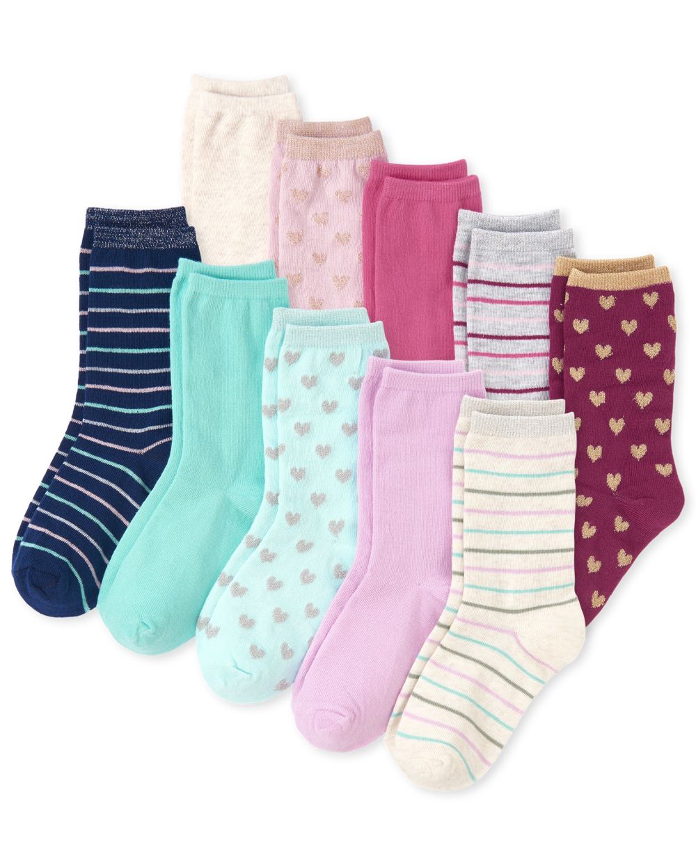 Girls Glitter Heart Crew Socks 10 Pack