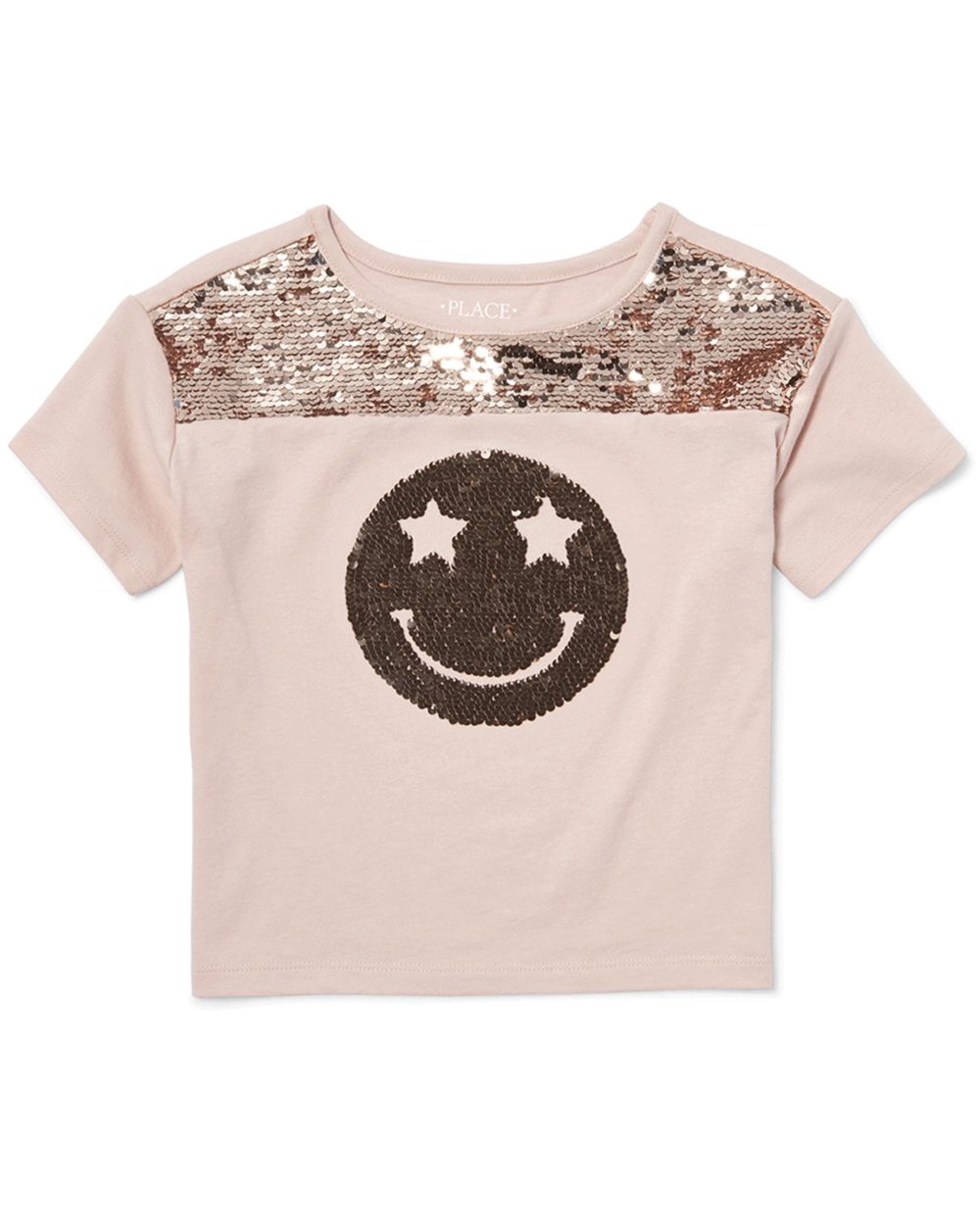 Girls Short Sleeve Flip Sequin Smiley Face Graphic Top