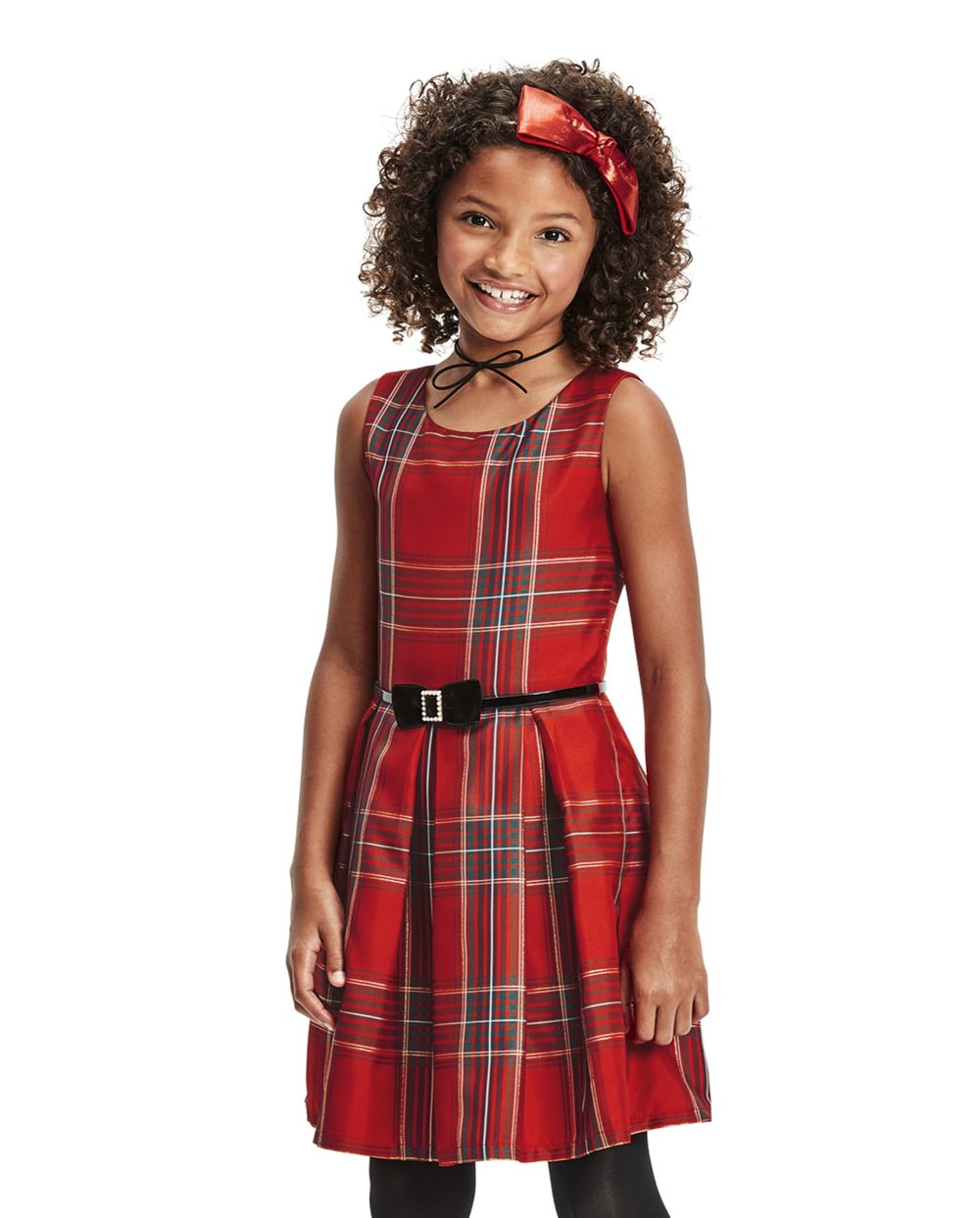Girls Christmas Sleeveless Glitter Plaid Woven Matching Pleated Dress