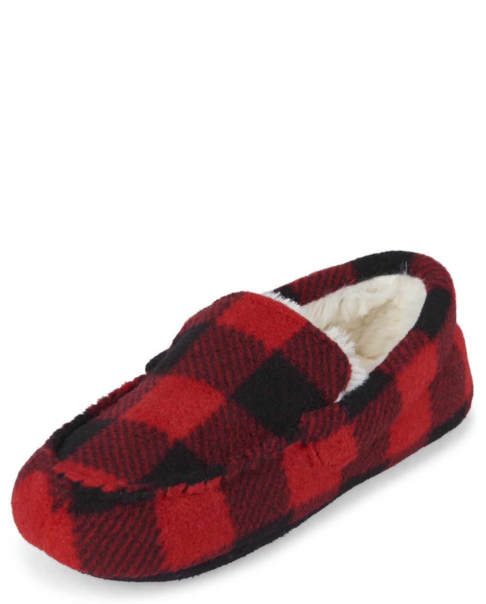 Unisex Kids Christmas Buffalo Plaid Faux Fur Lined Fleece Slippers