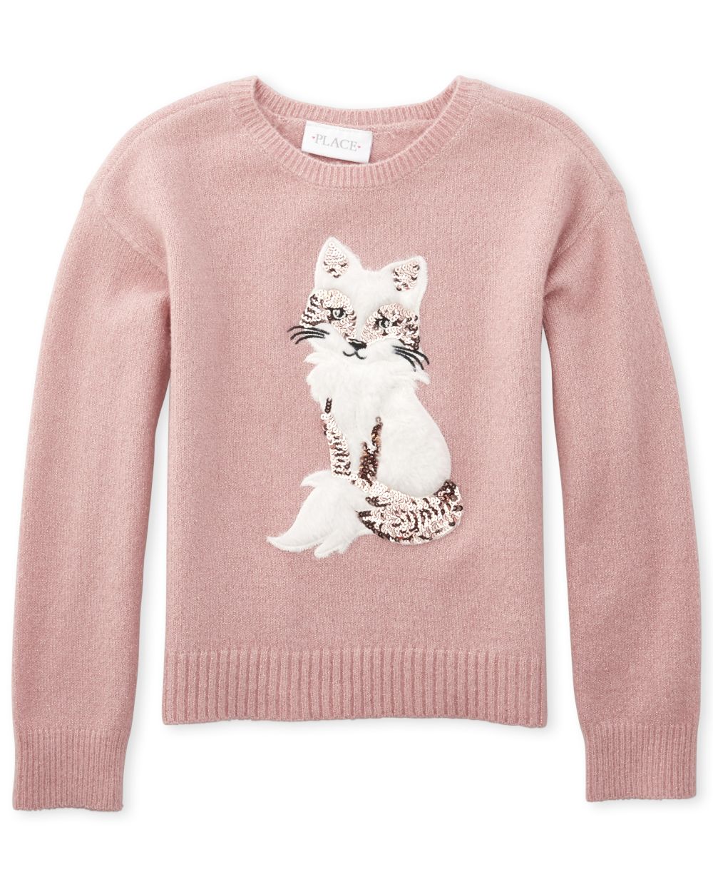 Girls Long Sleeve Glitter Sequin And Faux Fur Fox Sweater