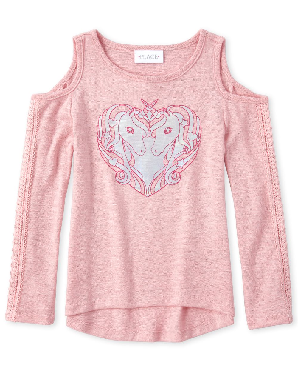 Girls Long Lace Sleeve Foil Graphic Cold Shoulder Lightweight Sweater Top