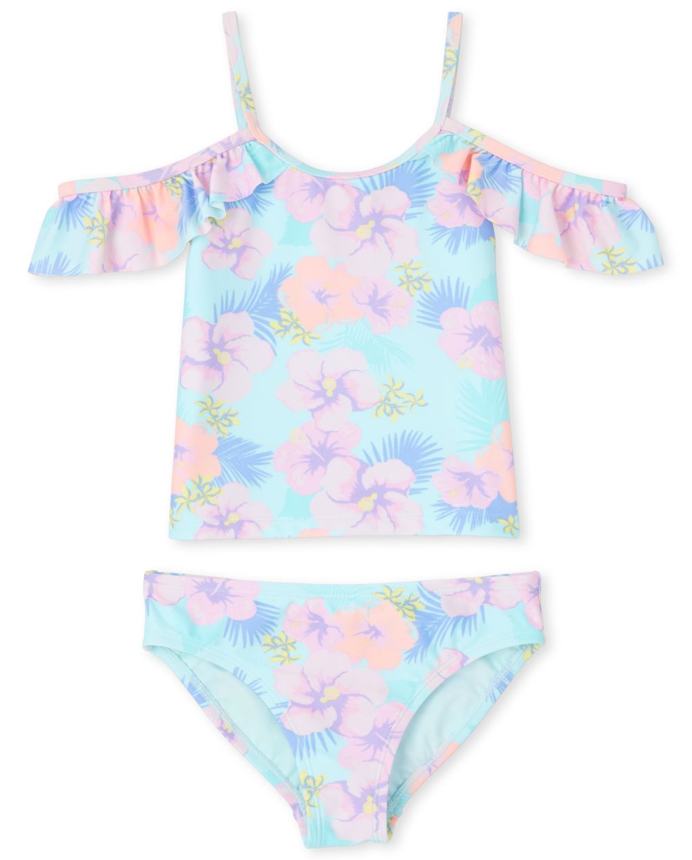 Girls Short Sleeve Floral Print Cold Shoulder Tankini Swimsuit