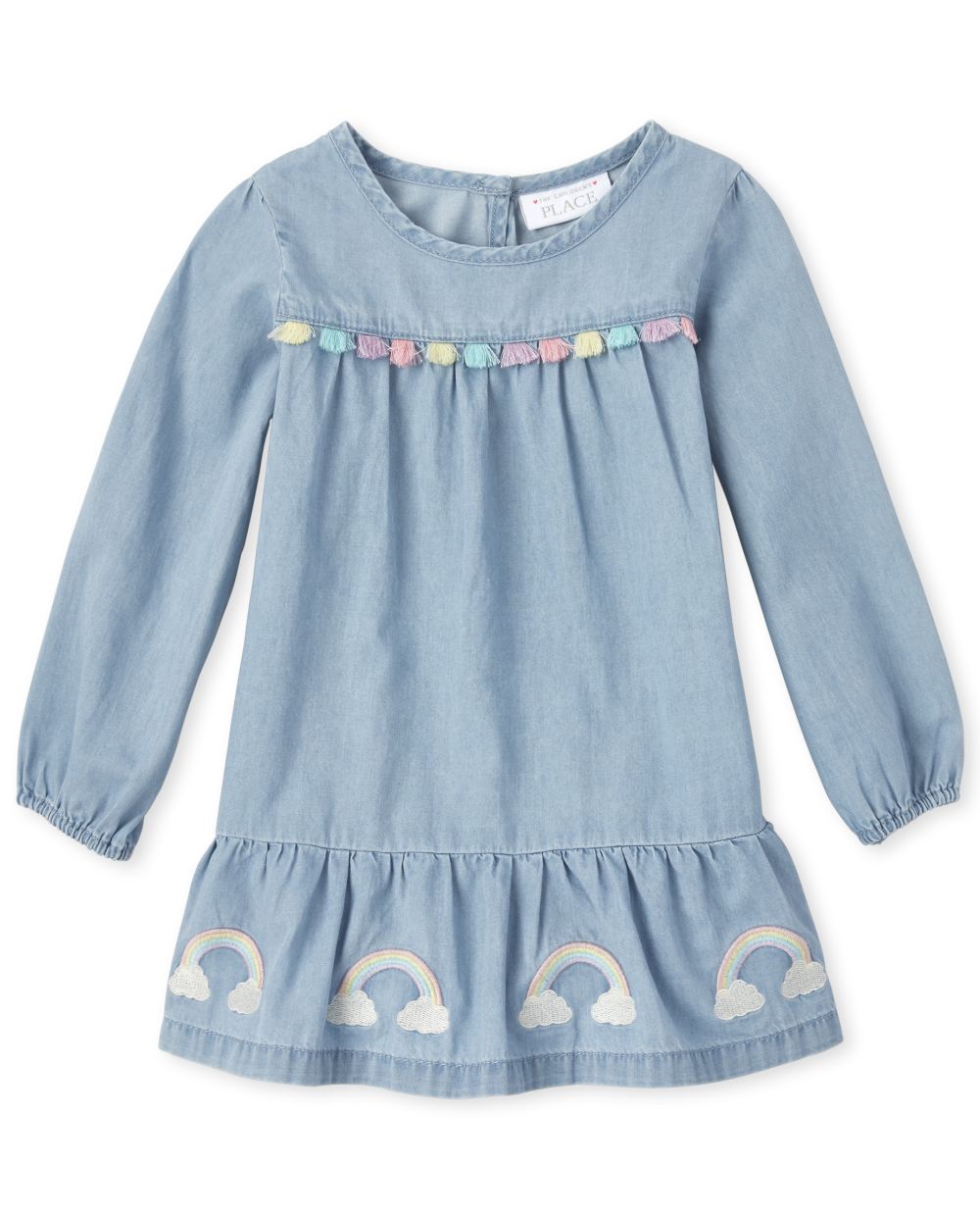 Baby And Toddler Girls Long Sleeve Embroidered Rainbow Chambray Dress