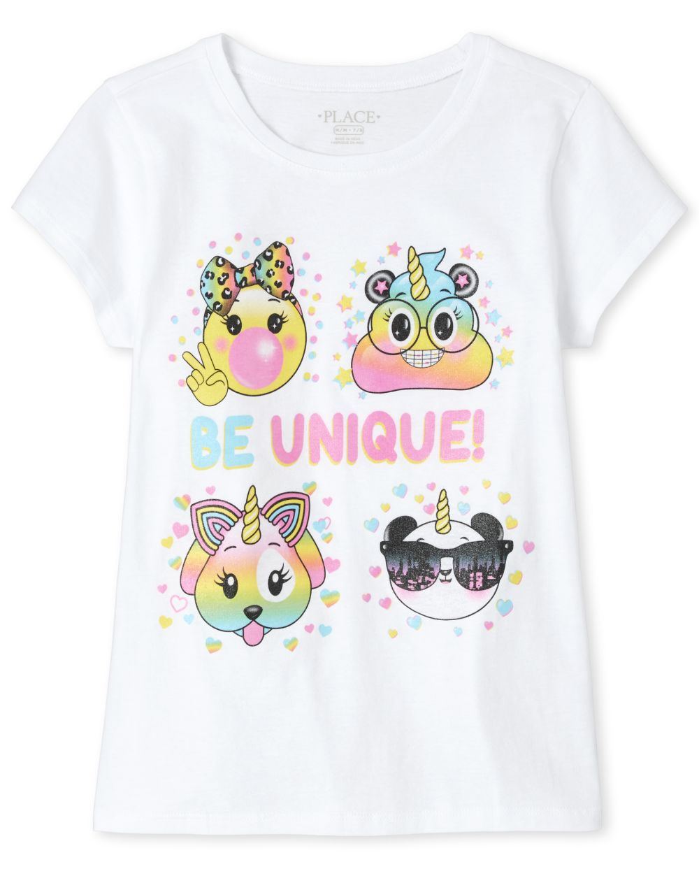 Girls Short Sleeve Glitter Emojicorn 'Be Unique' Graphic Tee