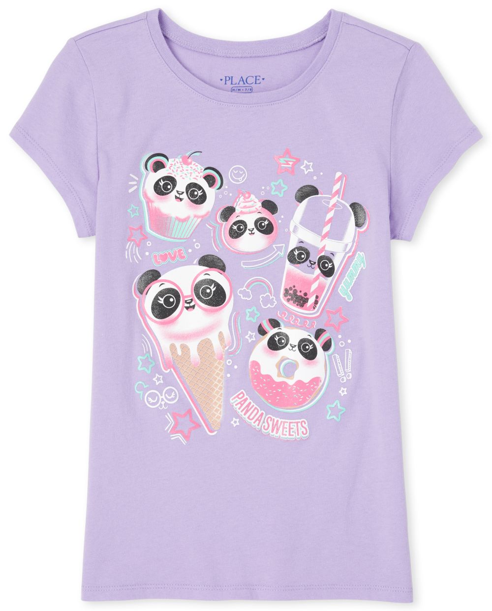 Girls Short Sleeve Glitter Panda Dessert Graphic Tee