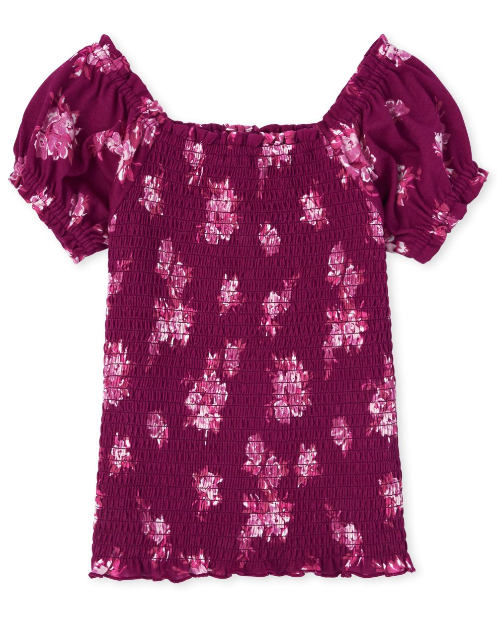 Girls Short Sleeve Floral Print Smocked Top