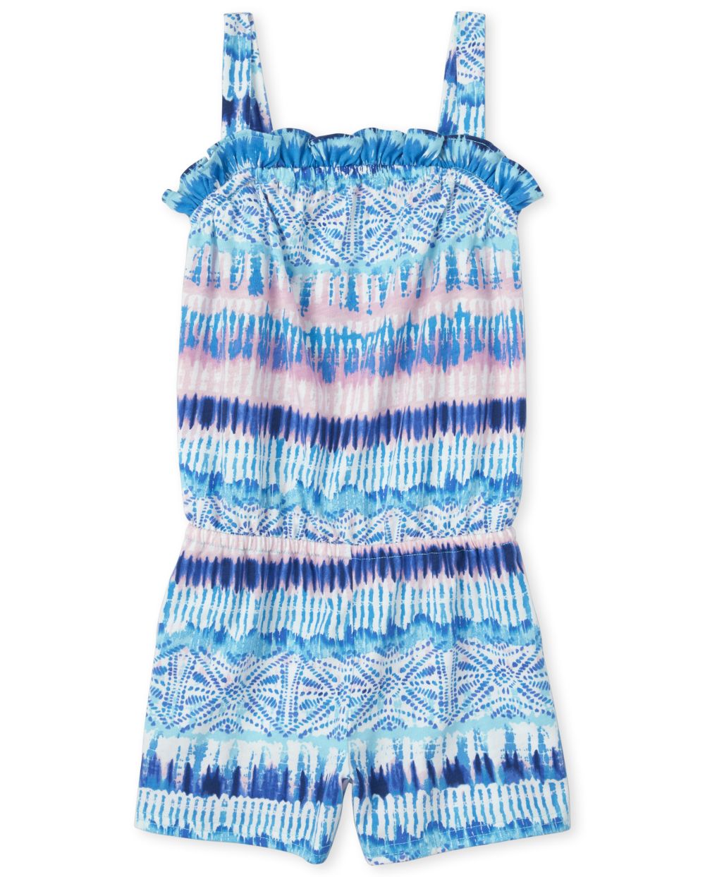 Girls Sleeveless Floral Print Knit Ruffle Romper