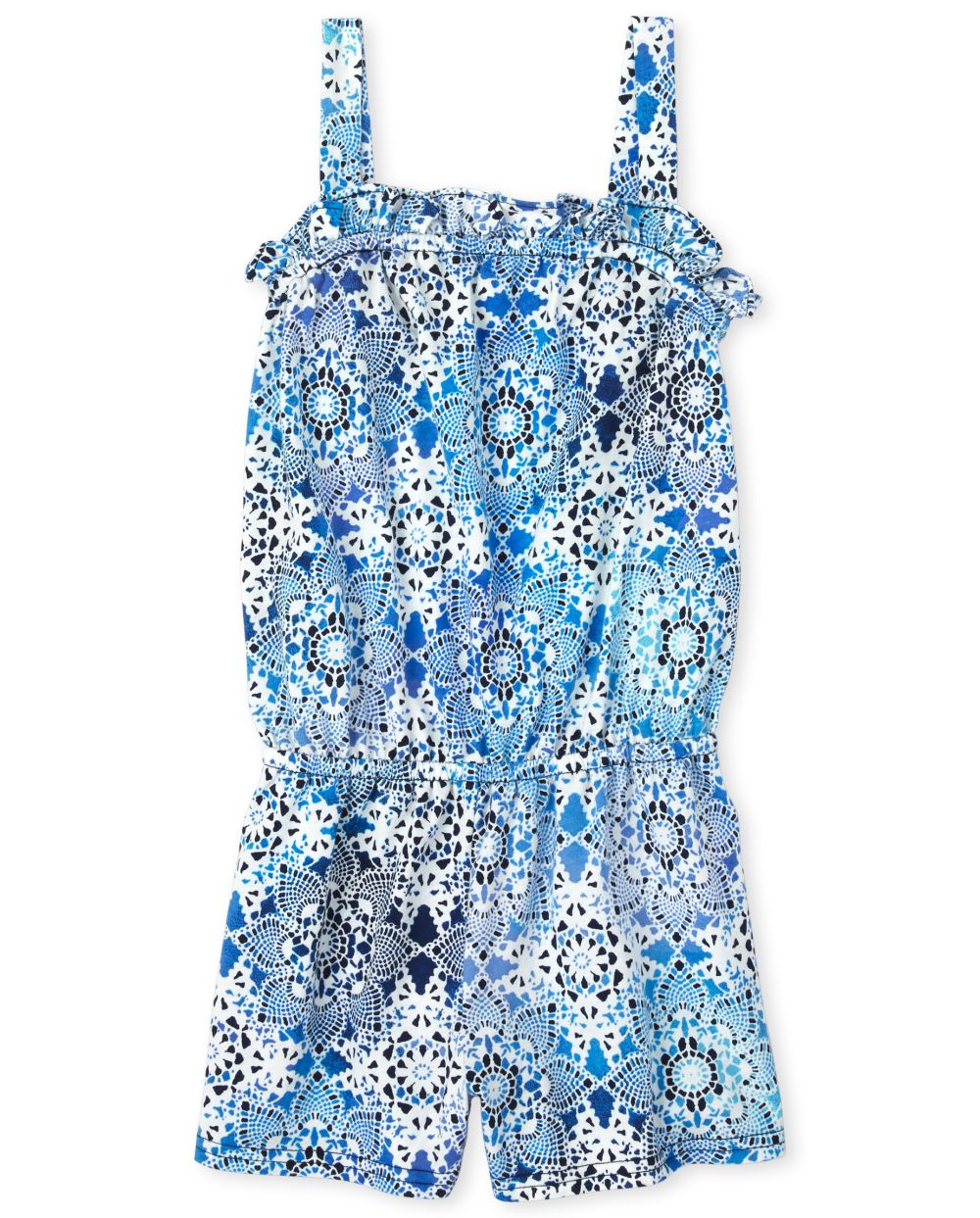 Girls Sleeveless Floral Print Knit Ruffle Romper