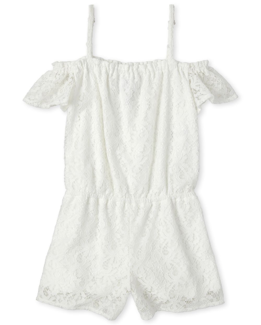 Girls Short Sleeve Lace Knit Off Shoulder Romper