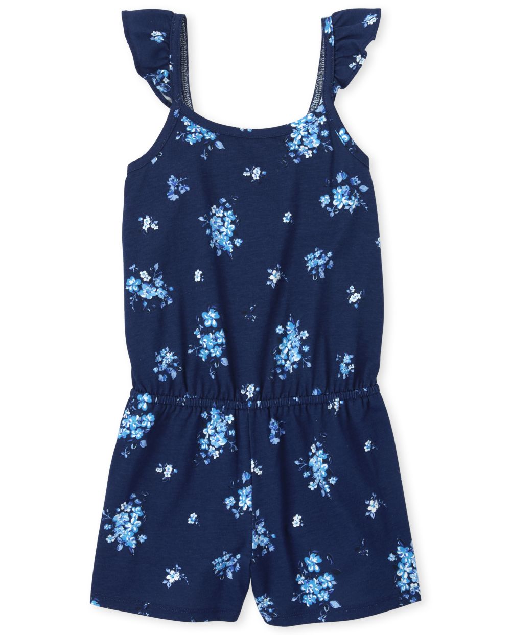 Girls Short Flutter Sleeve Floral Print Knit Ruffle Romper