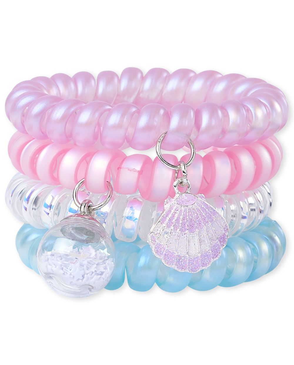 Girls Iridescent Confetti Shaker Seashell Coil Bracelet 4-Pack