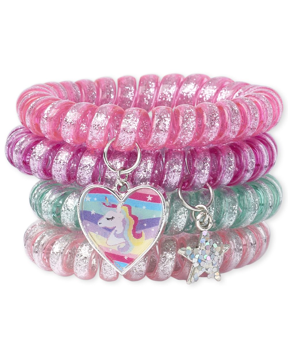 Girls Holographic Lenticular Unicorn Glitter Coil Bracelet 4-Pack