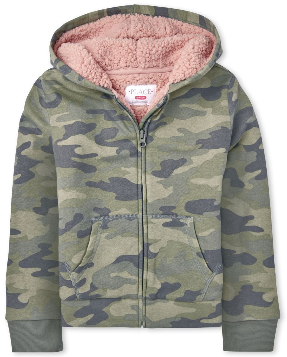 Girls Long Sleeve Camo Sherpa Lined French Terry Zip Up Hoodie