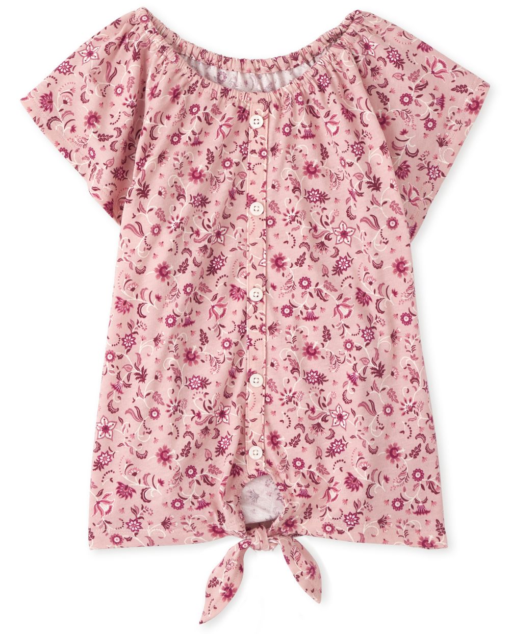Girls Short Sleeve Floral Button Down Tie Front Top