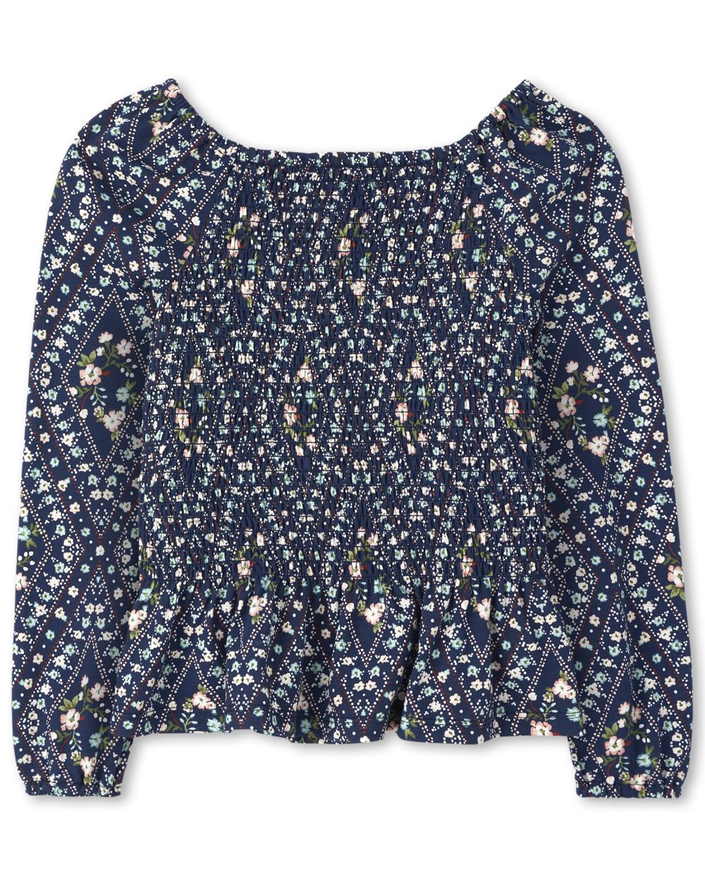 Girls Long Sleeve Floral Print Smocked Top
