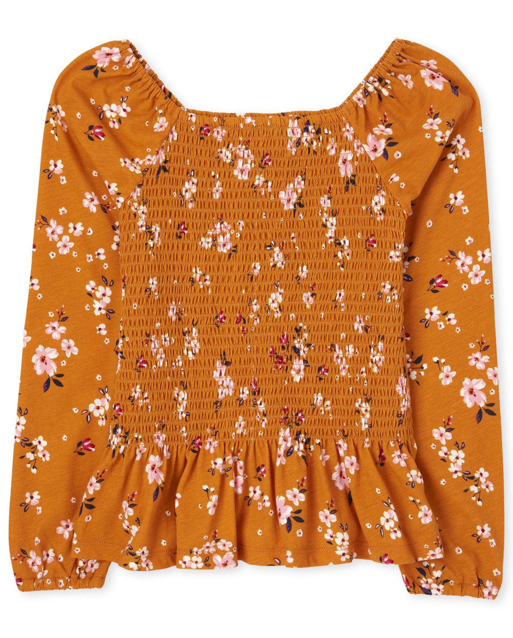 Girls Long Sleeve Floral Print Smocked Top