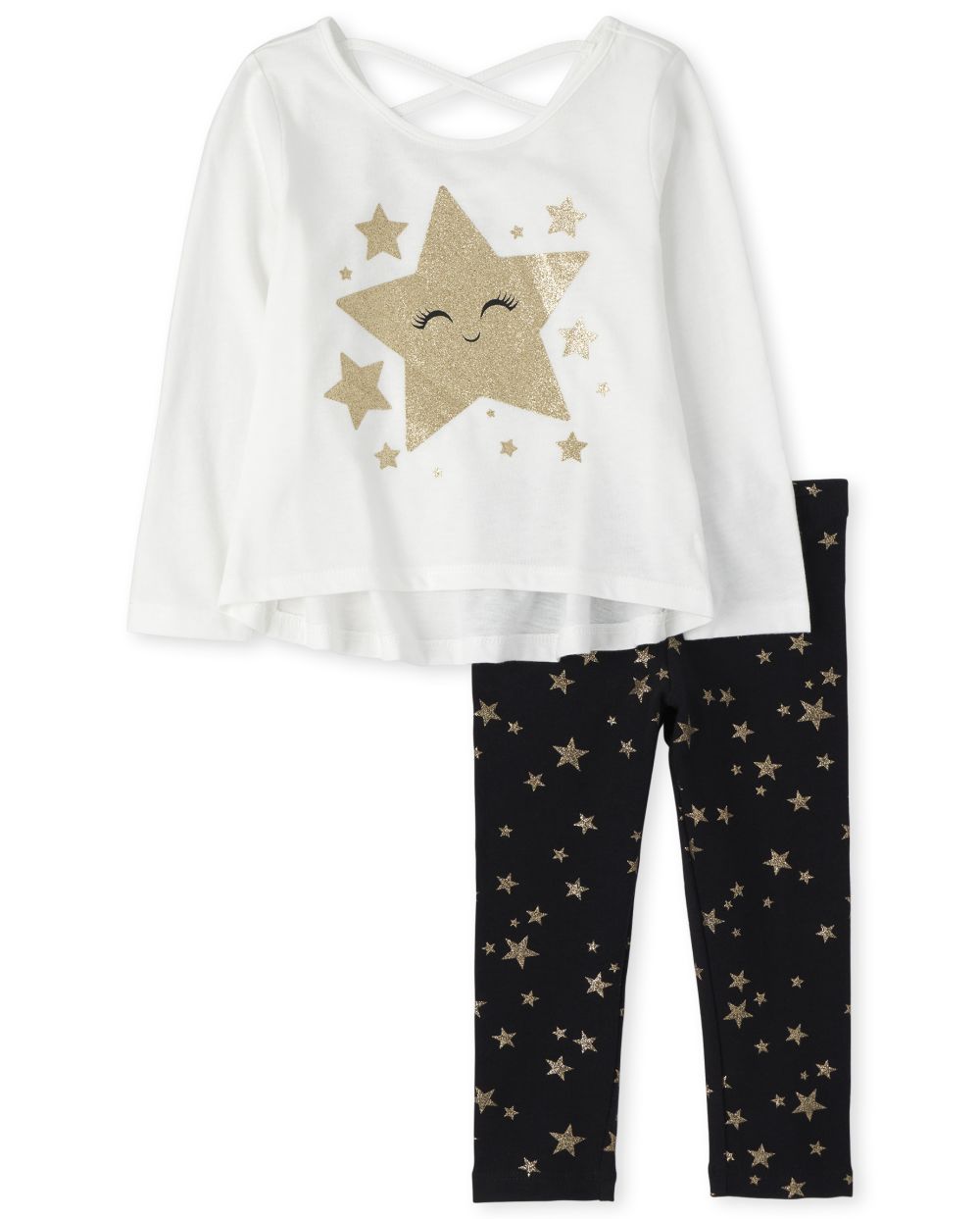 Toddler Girls Long Sleeve Glitter Star Cross Back Top And Star Print ...