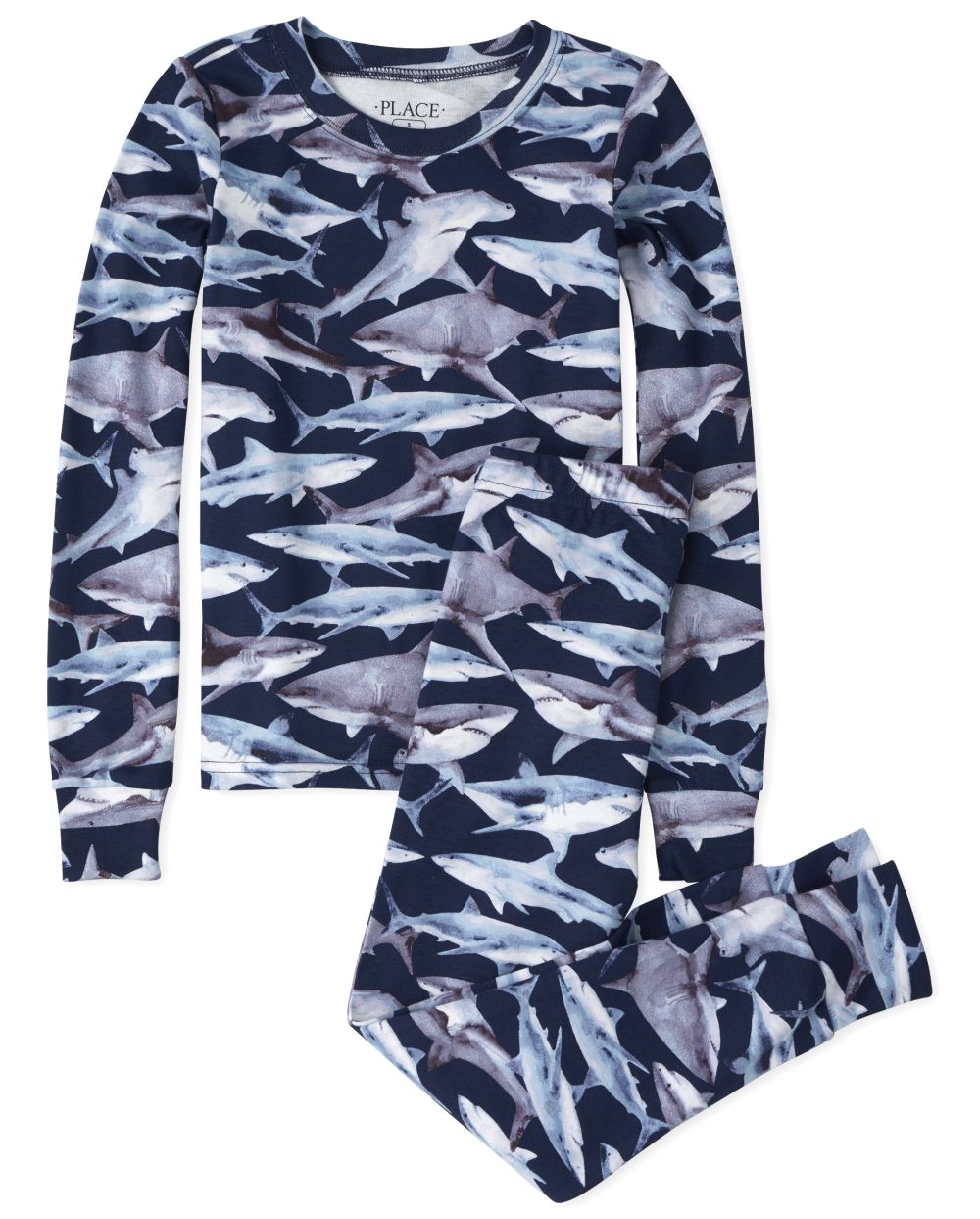 Boys Long Sleeve Shark Print Snug Fit Cotton Pajamas