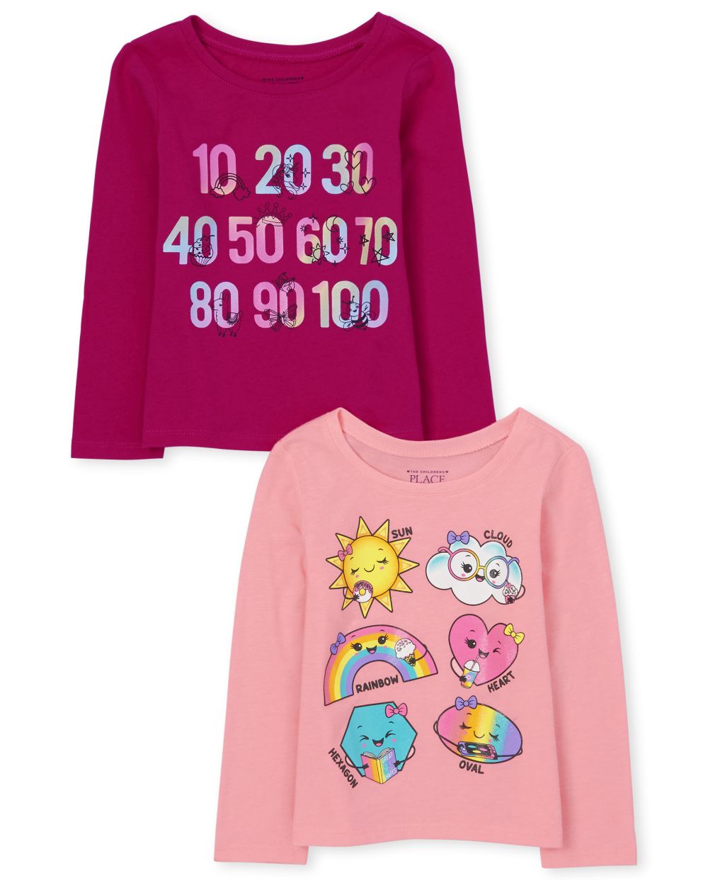 Baby And Toddler Girls Long Sleeve Shapes And Numbers Graphic Tee 2-Pack